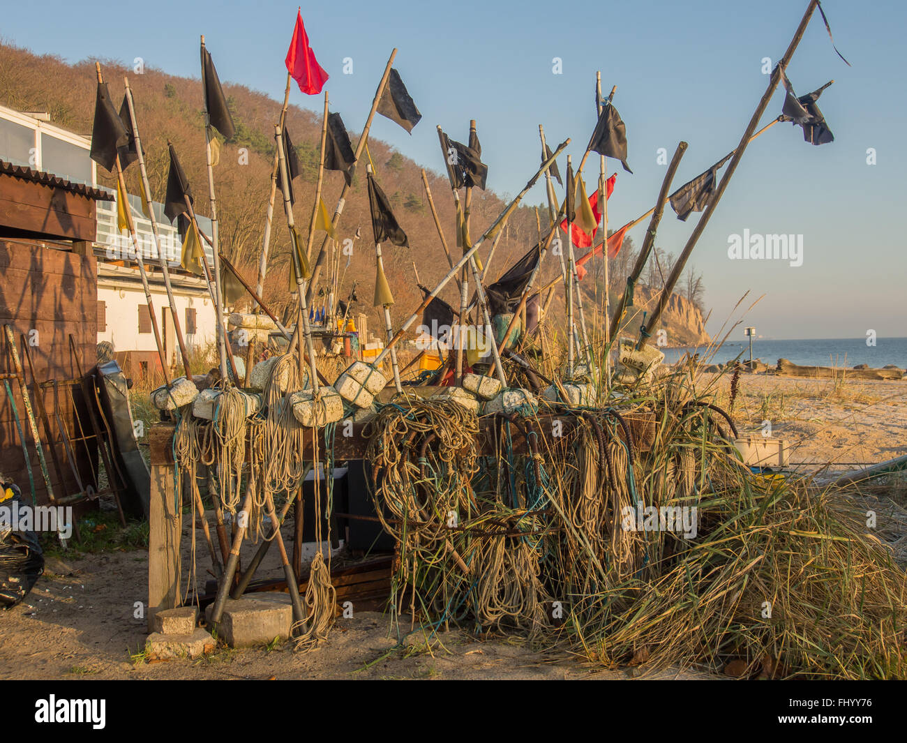 Fishing dock with scattered ropes on the Baltic sea Stock Photo - Alamy