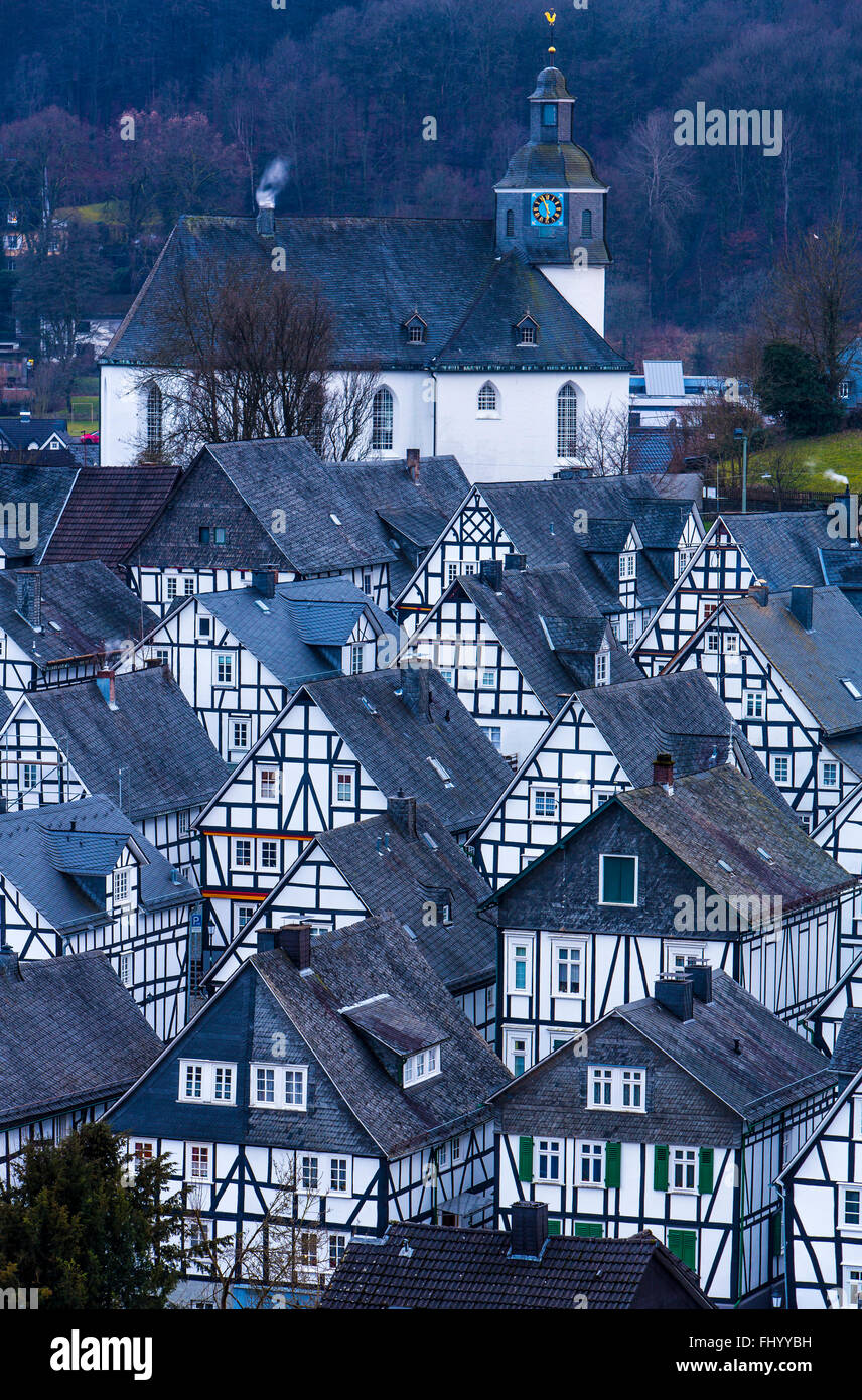 Historical old town, Tudor style houses, in Freudenberg, Germany ...