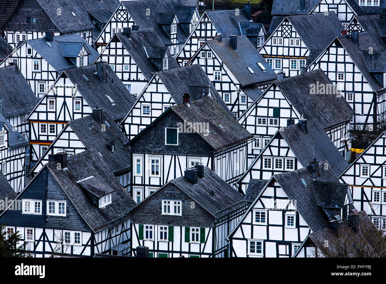 Historical old town, Tudor style houses, in Freudenberg, Germany ...