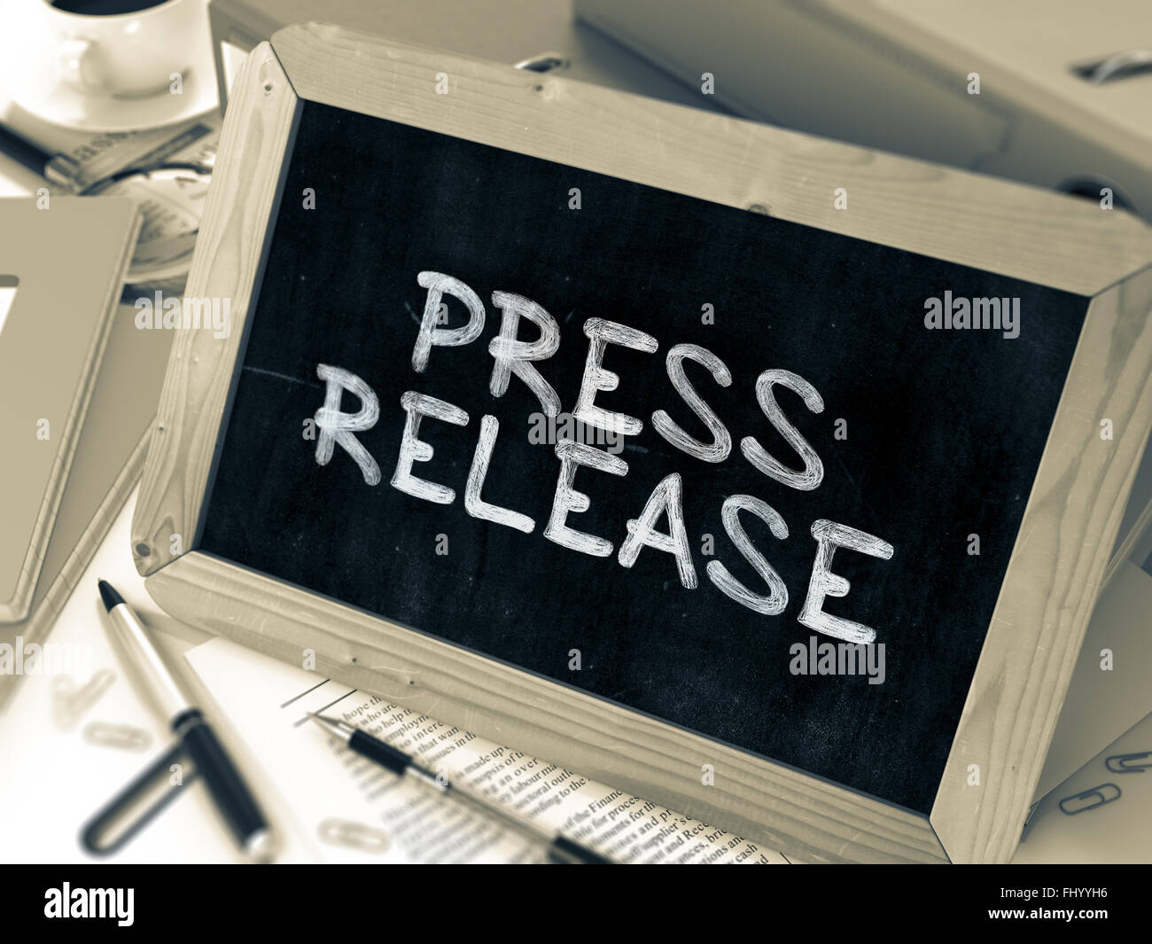 Press Release - Chalkboard with Hand Drawn Text Stock Photo - Alamy