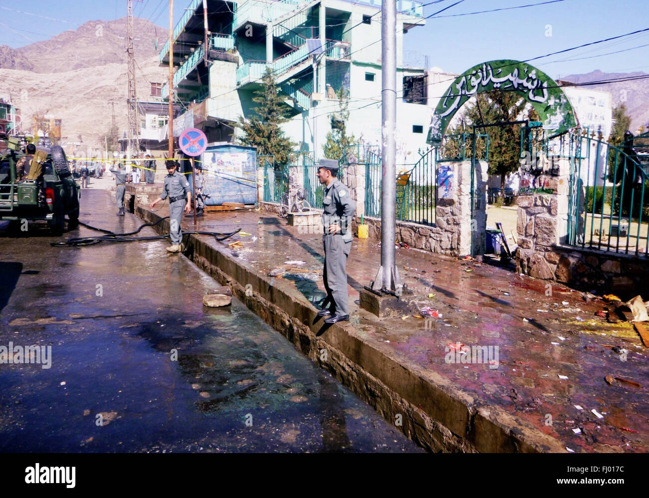 Asadabad. 27th Feb, 2016. Afghan security forces inspect the site of a ...