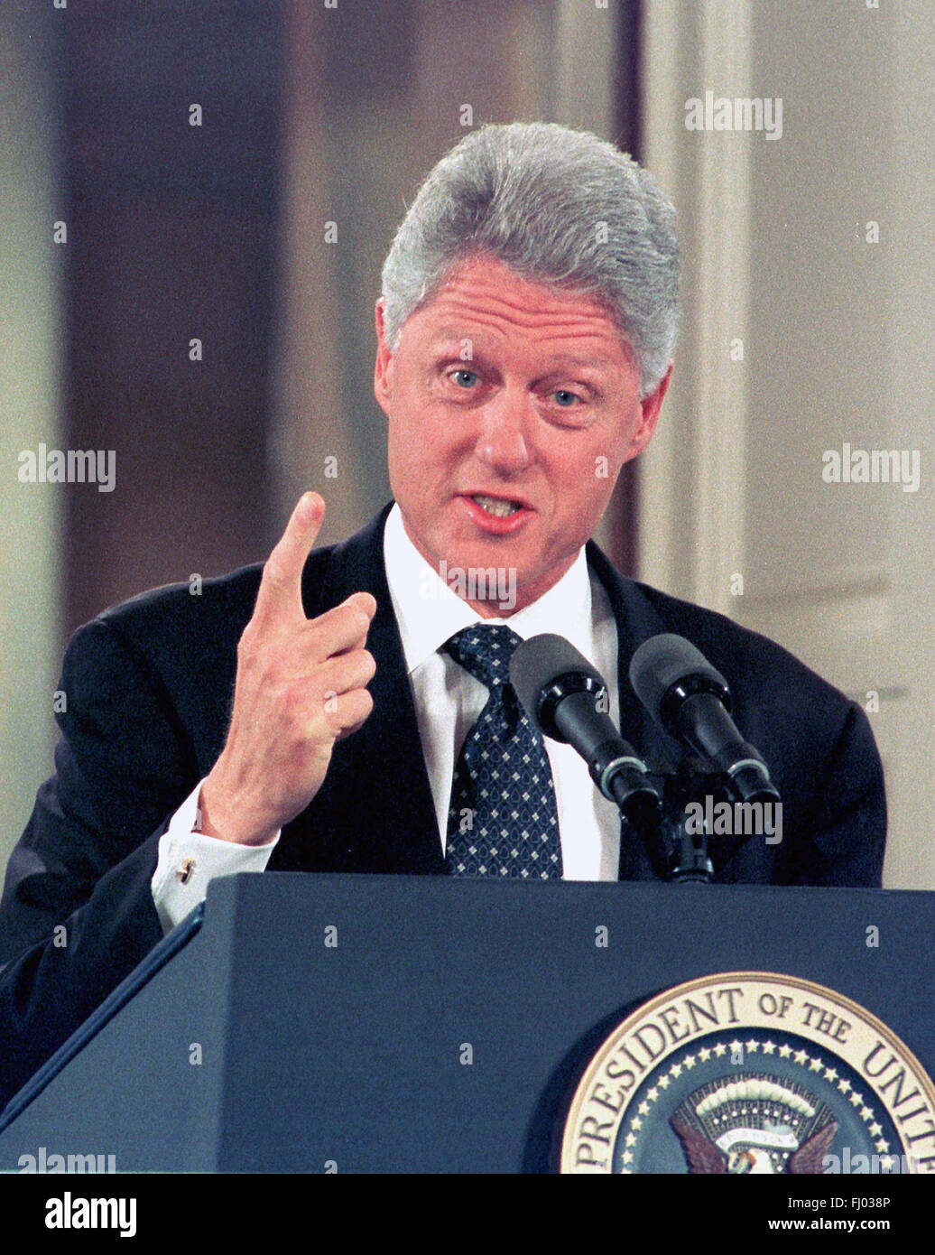 United States President Bill Clinton makes a point during his press ...