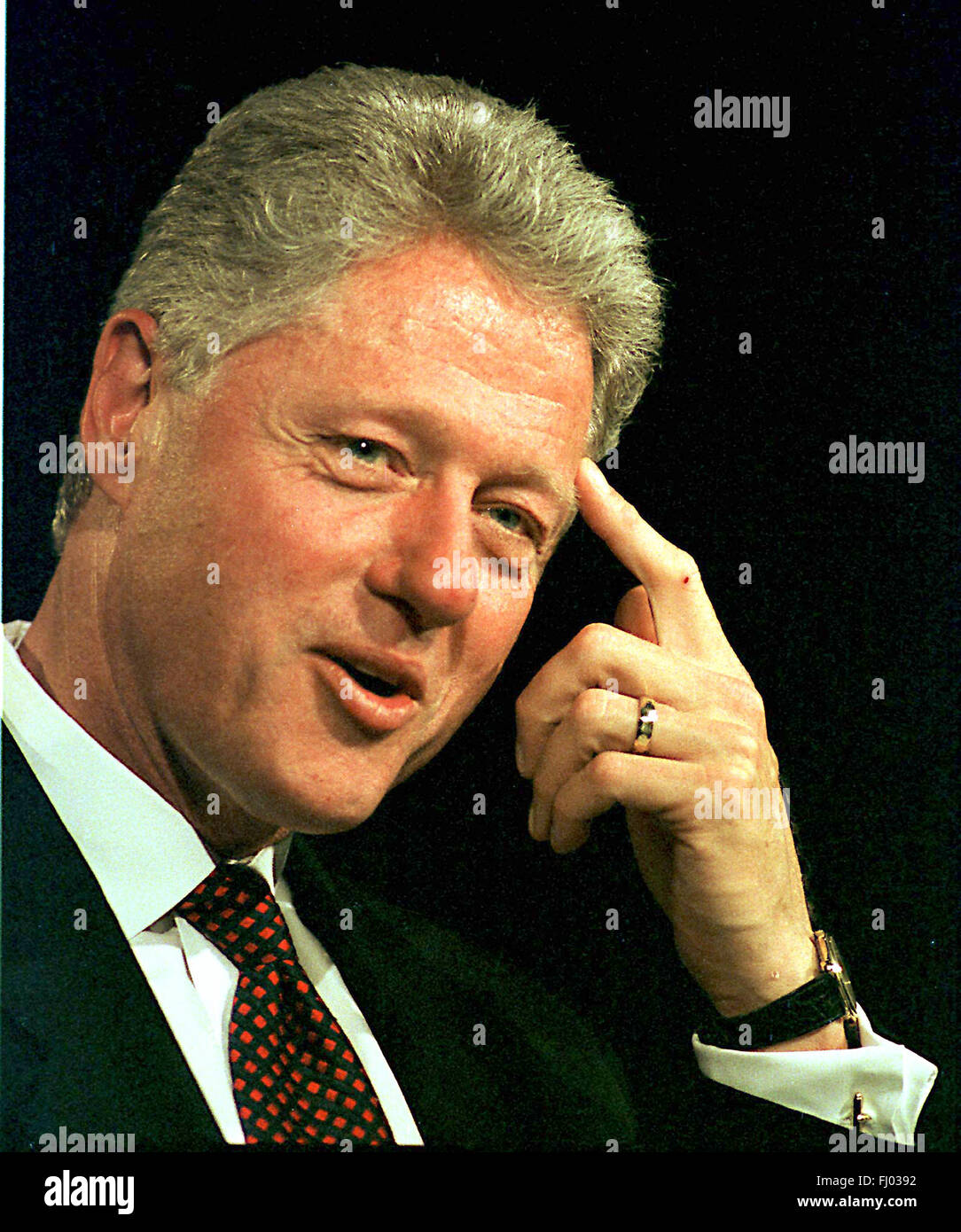 United States President Bill Clinton gestures during his remarks on ...