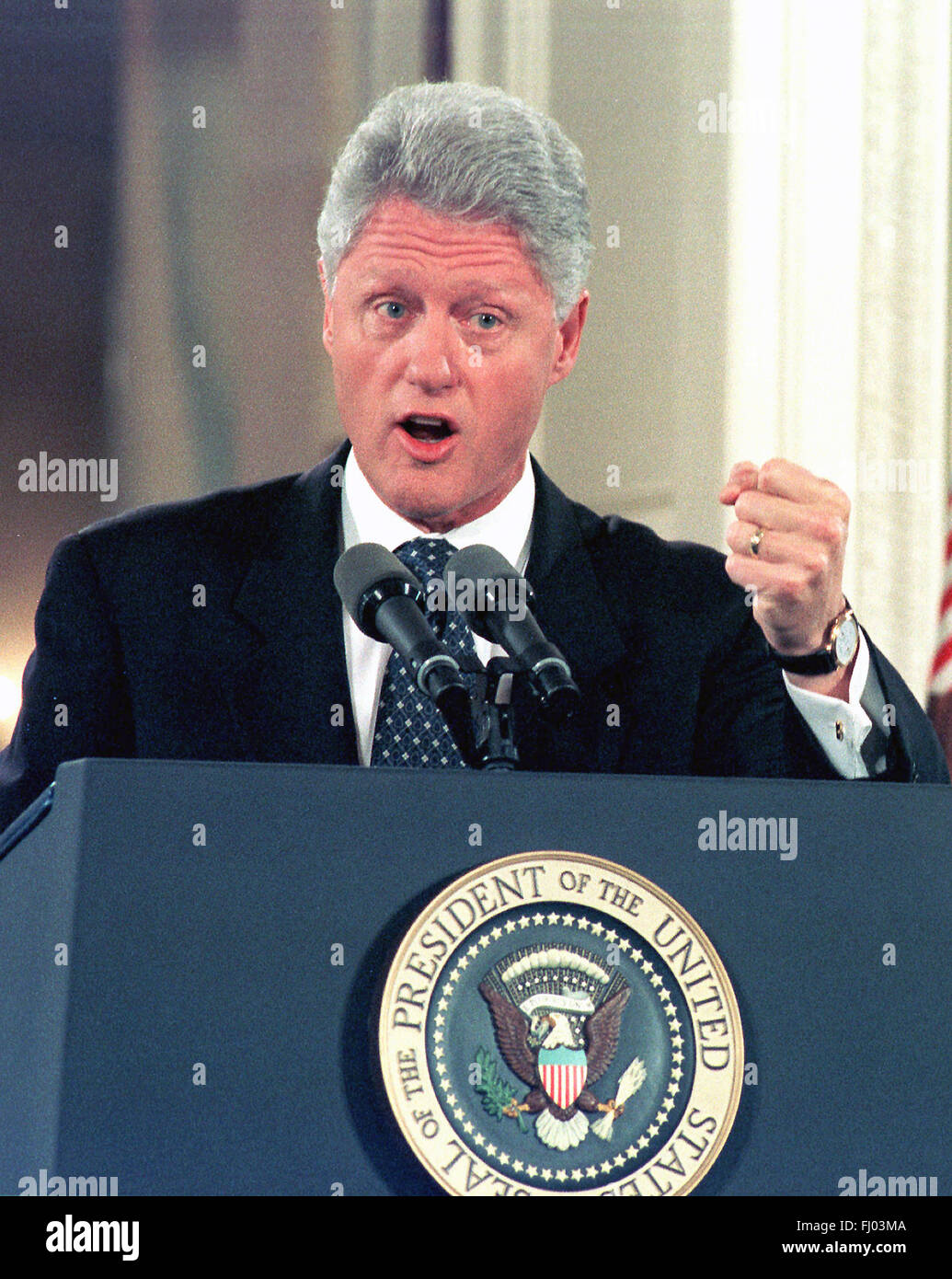 United States President Bill Clinton makes a point during his press ...
