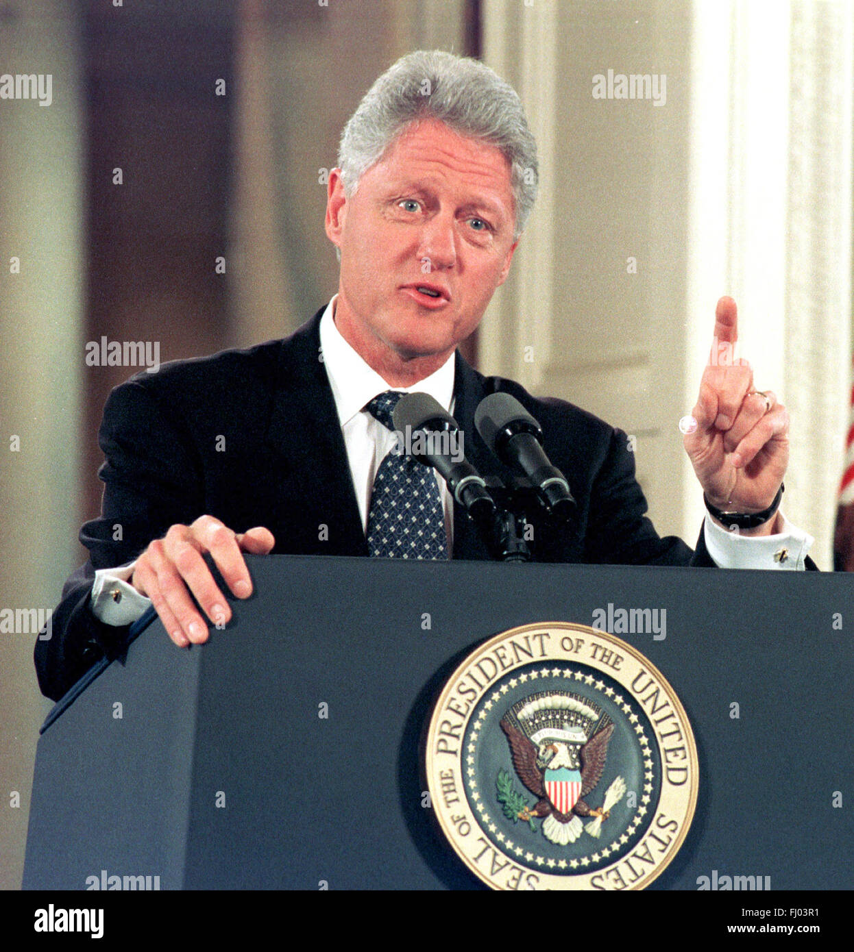 United States President Bill Clinton makes a point during his press ...