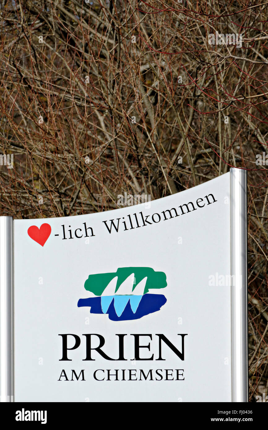 Sign Welcome to Prien am Chiemsee, Chiemgau, Upper Bavaria, Germany ...