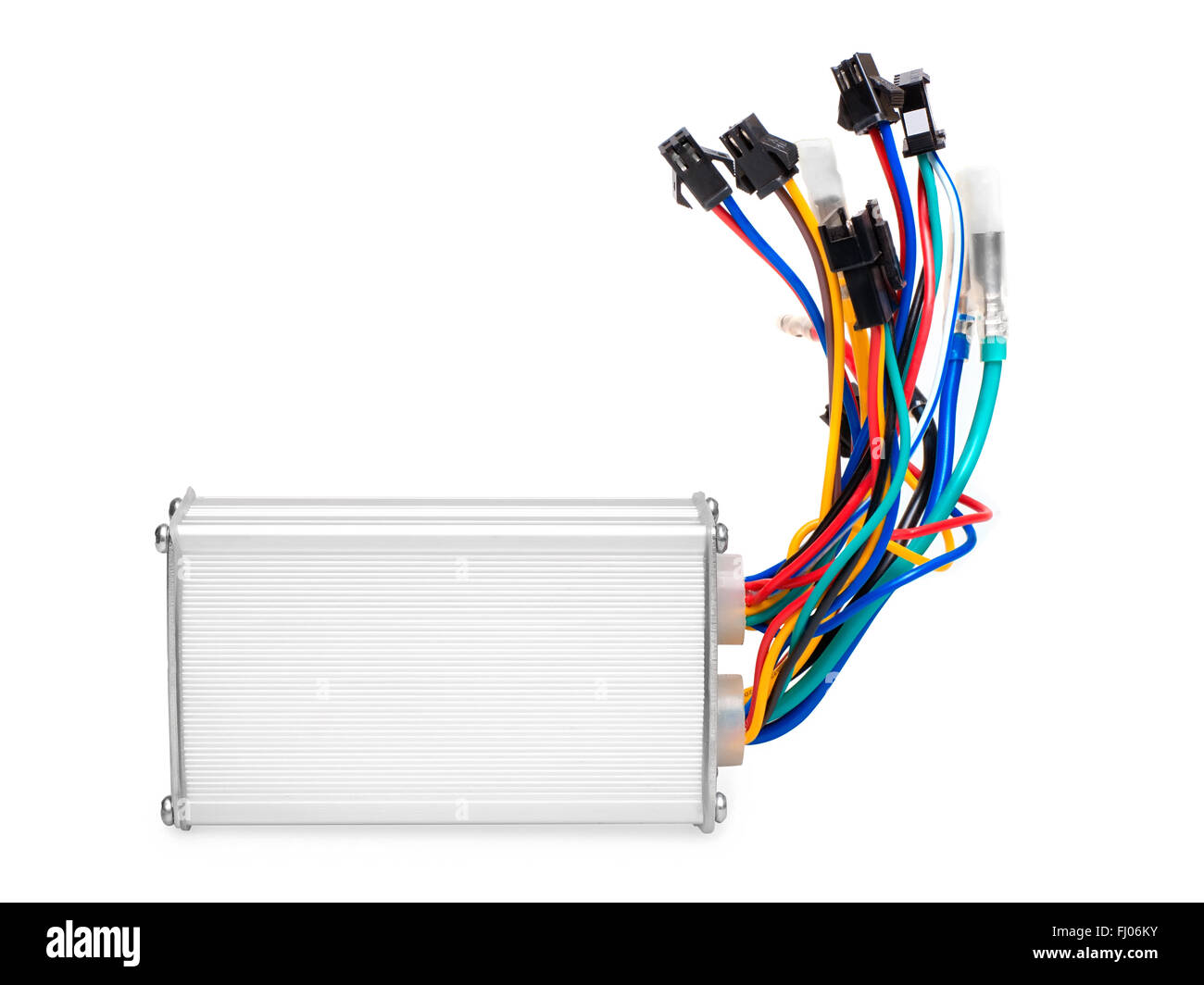 Corrugated aluminum box with colored wires. Controller of the electric ...