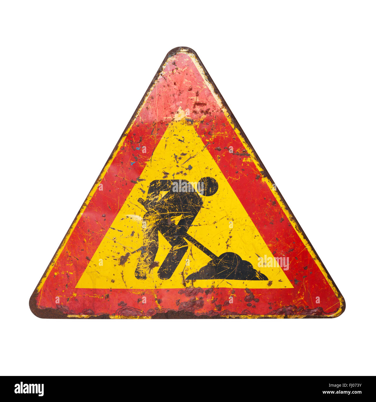 Triangle red and yellow roadsign isolated on white background. Men at ...