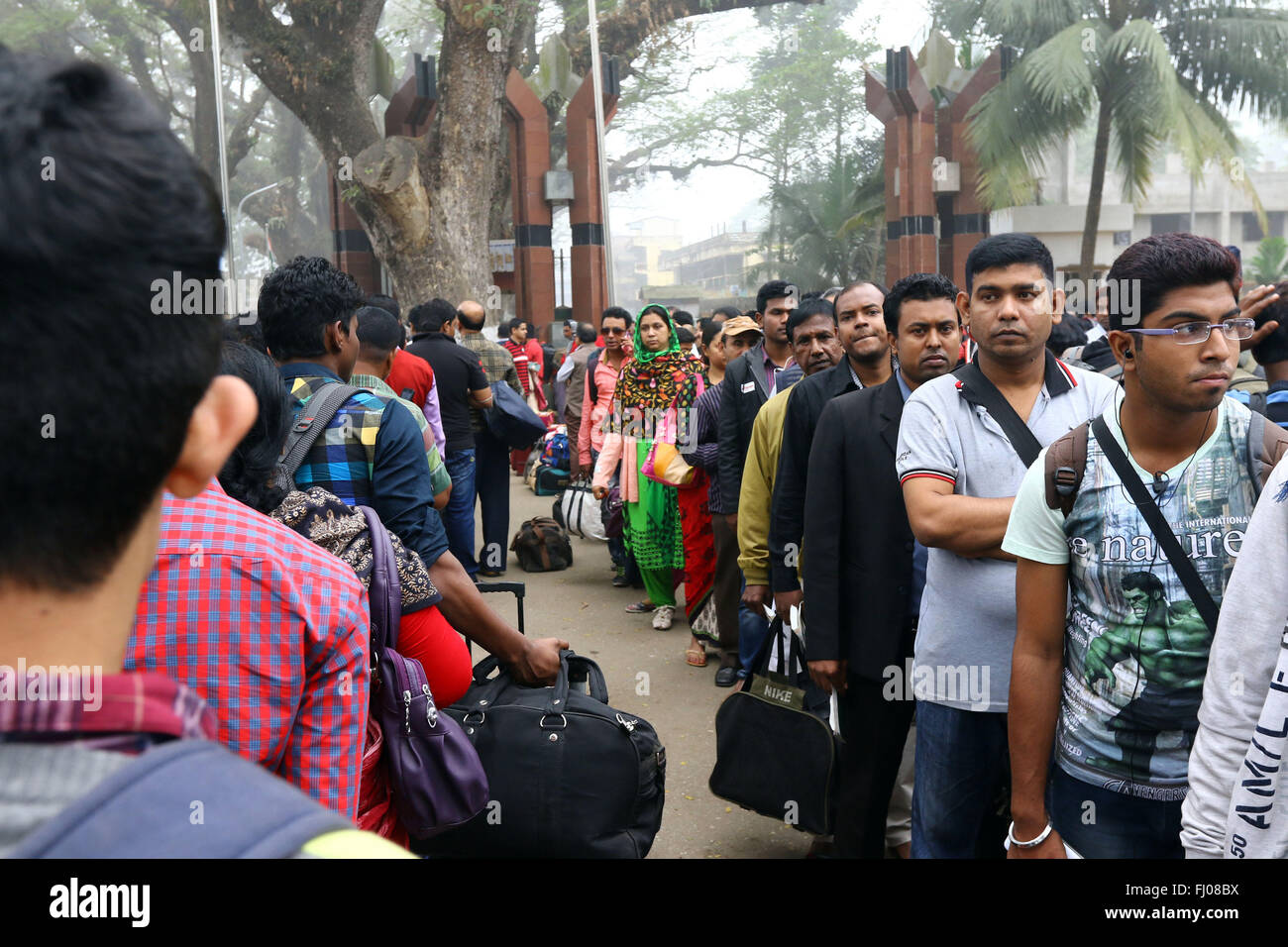 People wait for immigration check border crossings on the no man's land ...