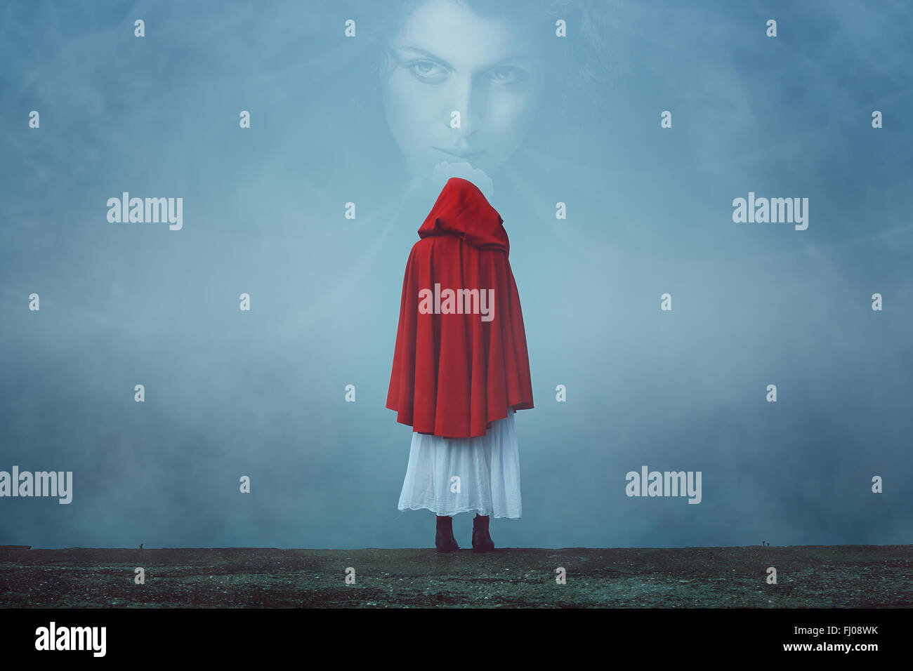 Strange woman face in the mist of the lake. Surreal and weird Stock ...