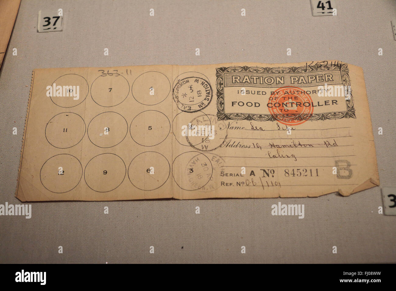 A British World War I food ration paper on display in the Imperial War ...