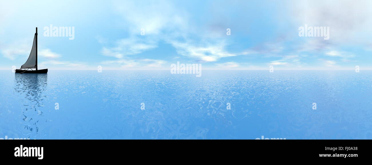 One small sailing boat floating on the water by day, 360 degrees effect ...