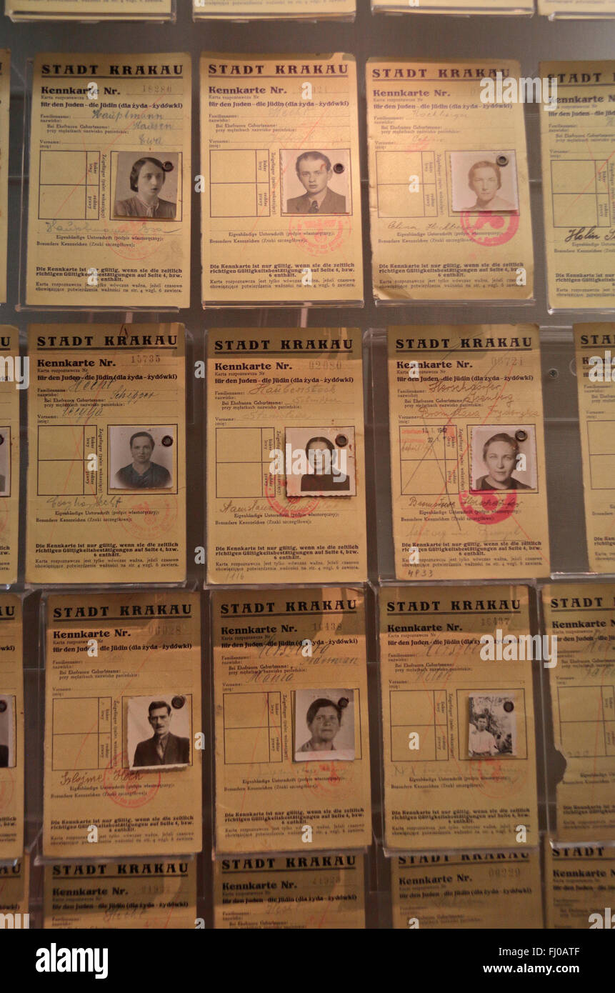 Display showing Jewish identity cards from the Krakow ghetto Poland ...