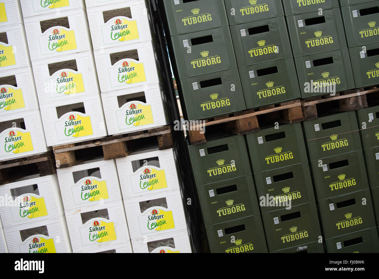 Hamburg, Germany. 24th Feb, 2016. Beer crates by Luebzer and Tuborg ...