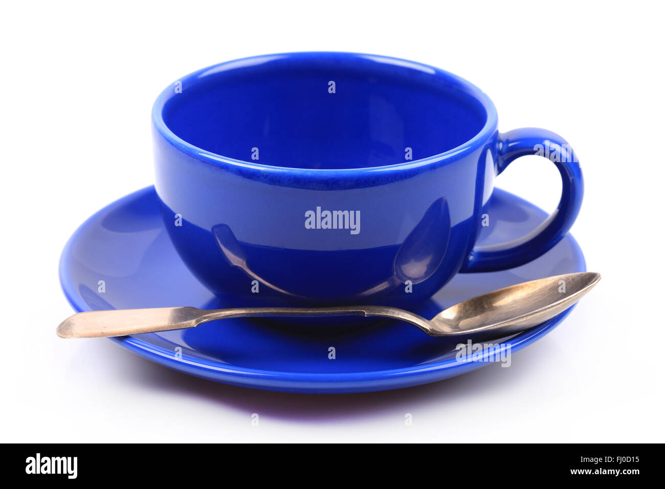 blue cup with spoon on white background isolated Stock Photo - Alamy