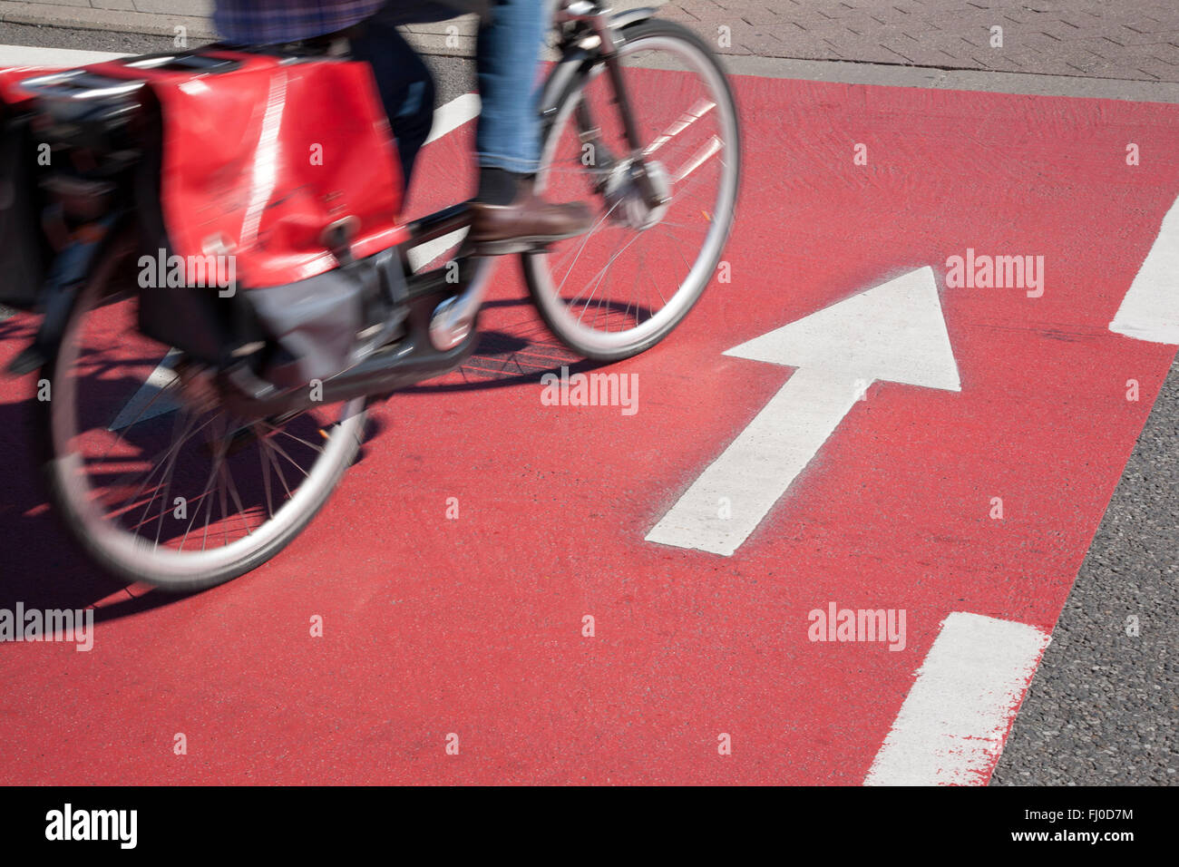 Cyclist on Bike Lane with Arrow Symbols Stock Photo - Alamy