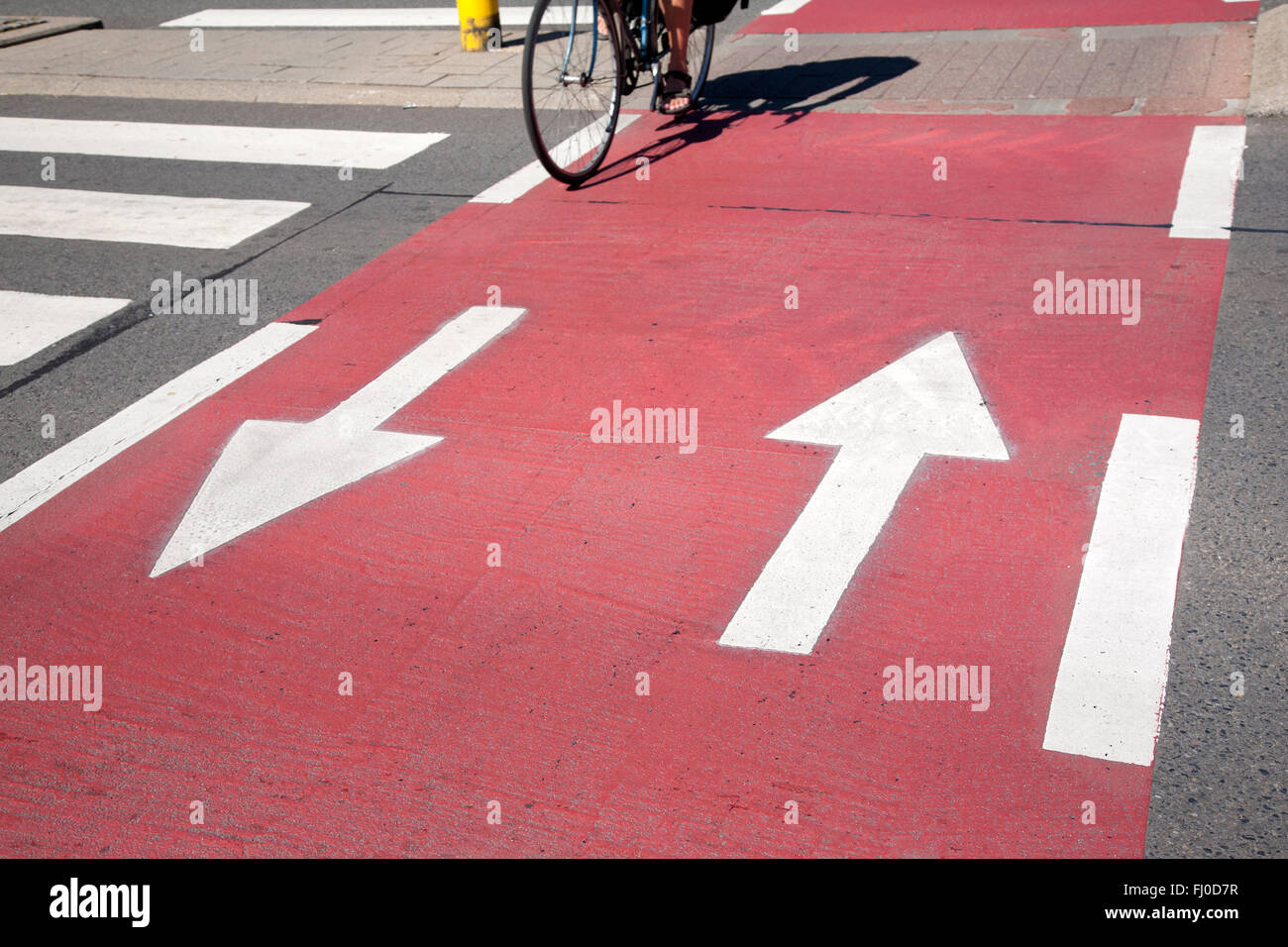 Cyclist on Bike Lane with Arrow Symbol Stock Photo - Alamy