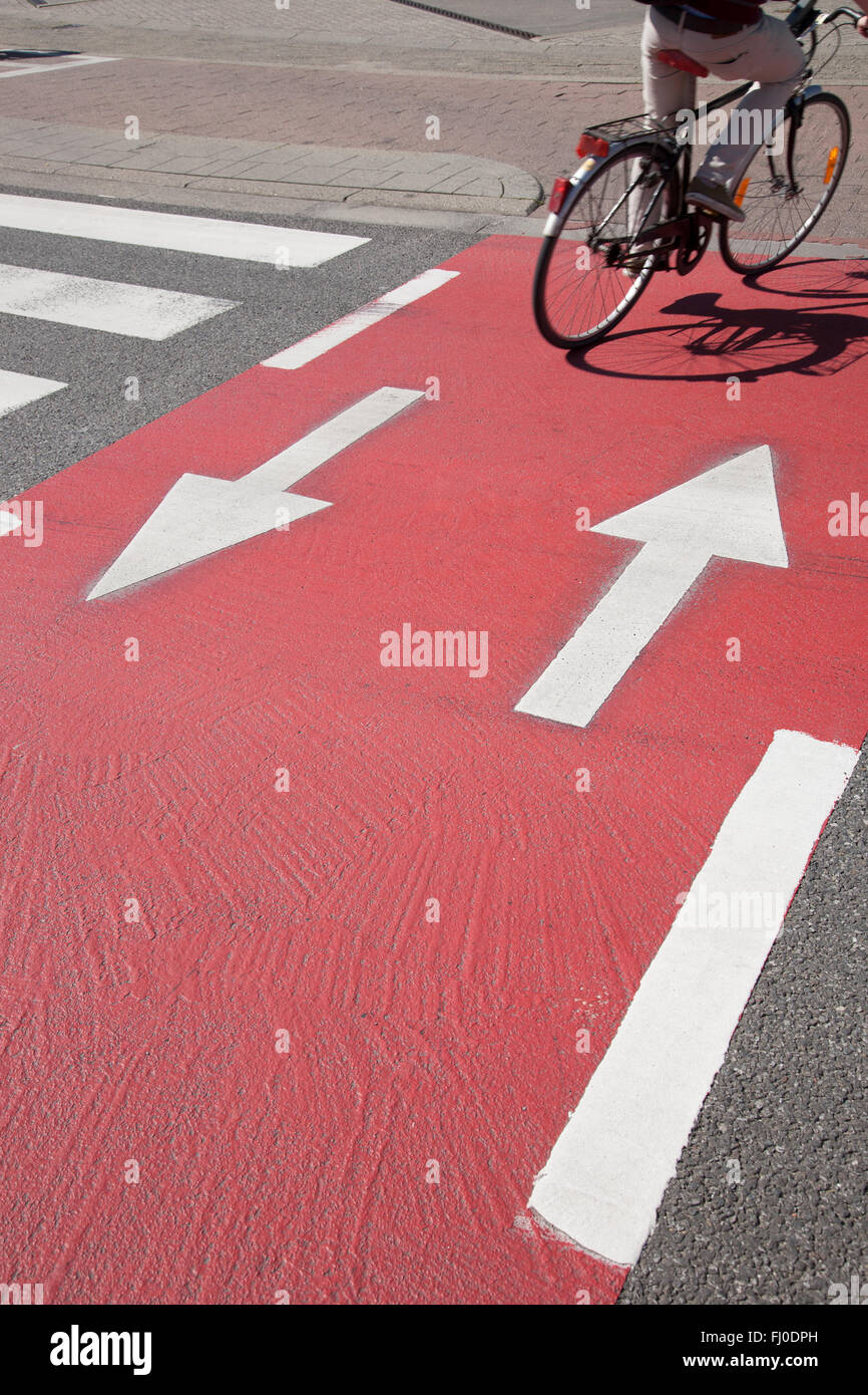 Cyclist on Bike Lane with Arrow Symbol Stock Photo - Alamy