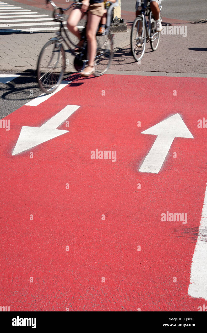 Cyclists on Bike Lane with Arrow Symbols Stock Photo - Alamy