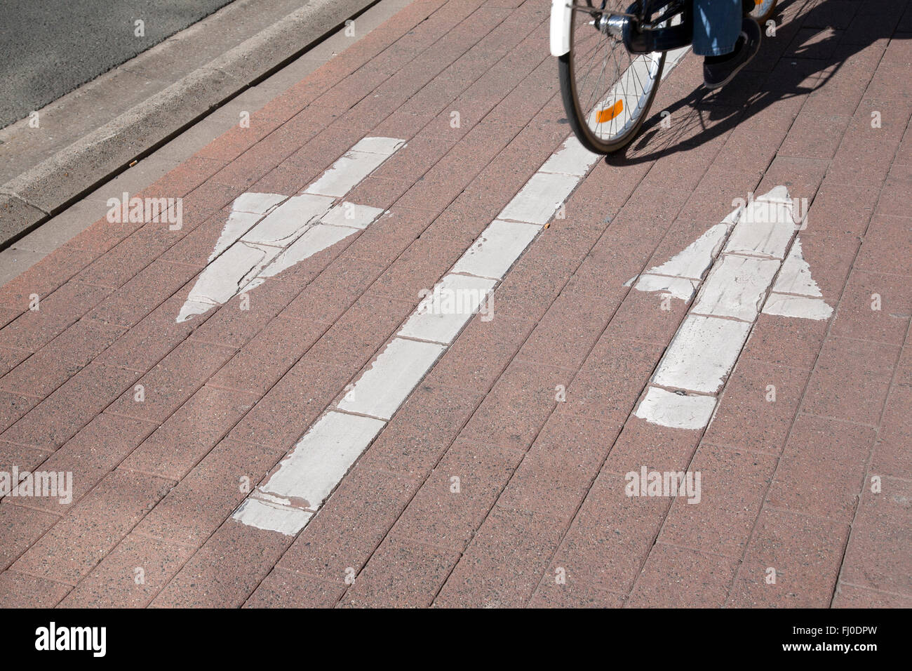 Cyclist on Bike Lane with Arrow Symbol Stock Photo - Alamy