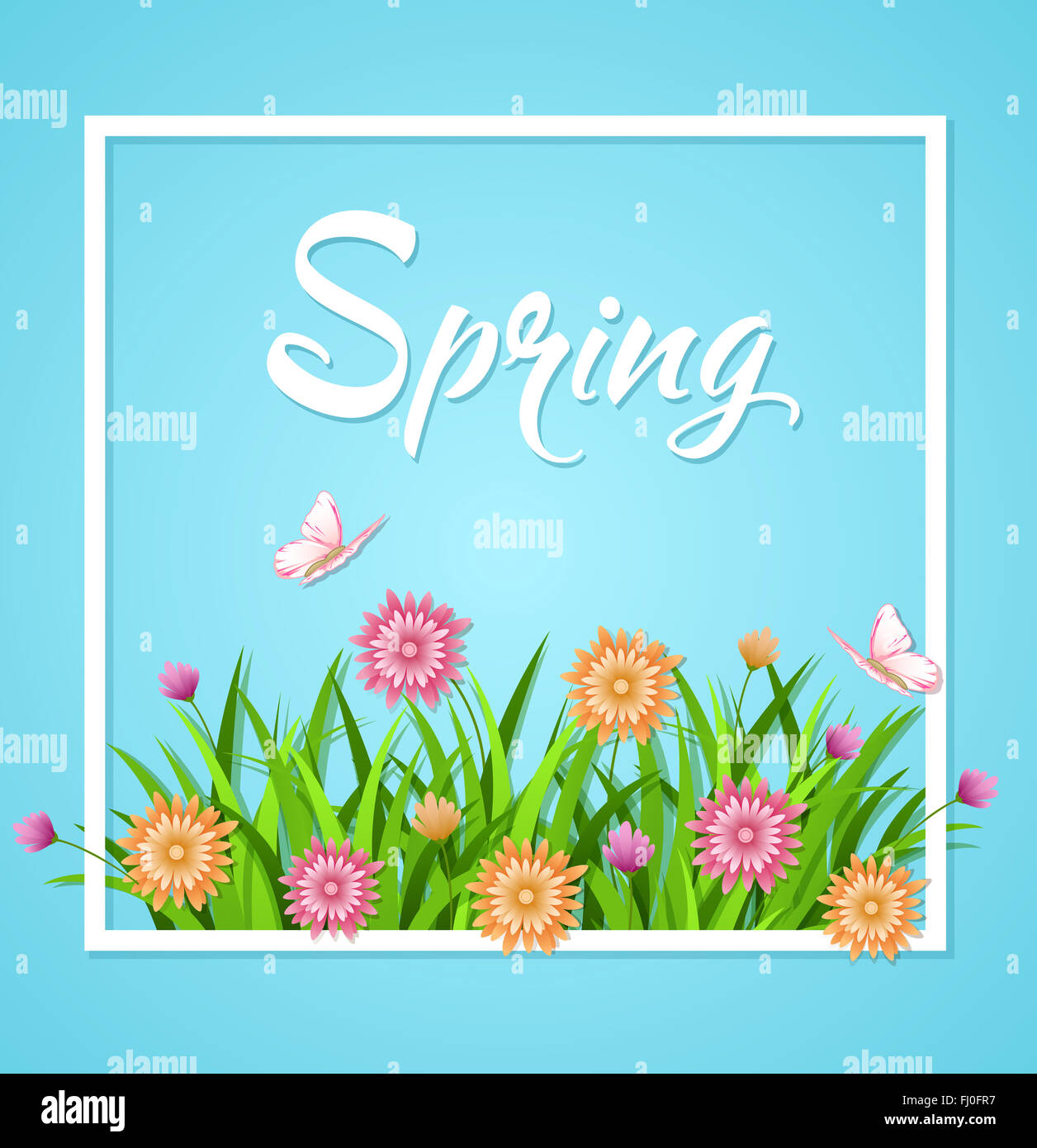 Blue spring background with green grass and flowers Stock Photo - Alamy