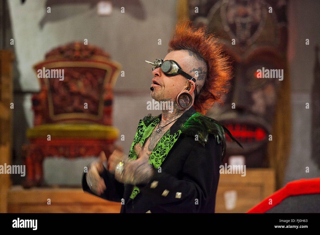 London, UK, 27 February 2016 - Circus of Horror's sword swallower ...