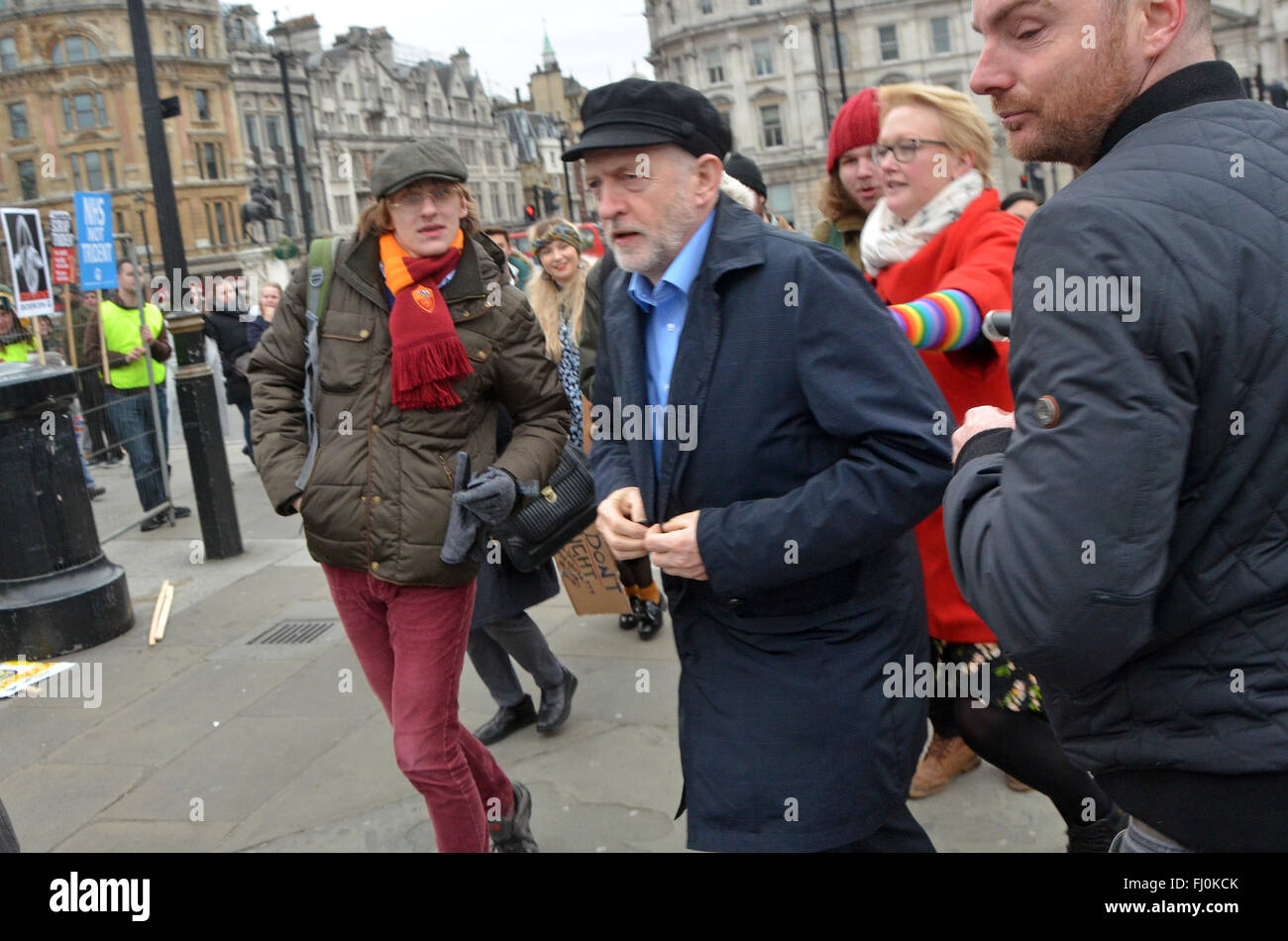 London, UK. 27th Feb, 2016. Jeremy Corby looks stressed as he is mobbed ...