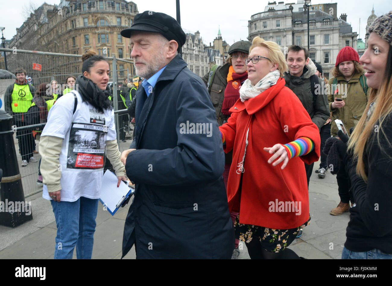 London, UK. 27th Feb, 2016. Jeremy Corby looks stressed as he is mobbed ...