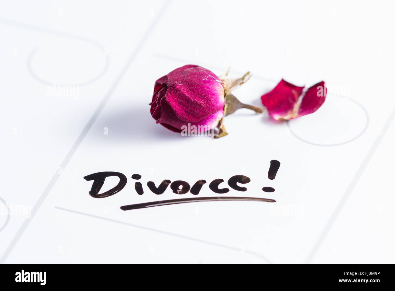 the word divorce hand written on a dry erase calendar with a dead rose ...