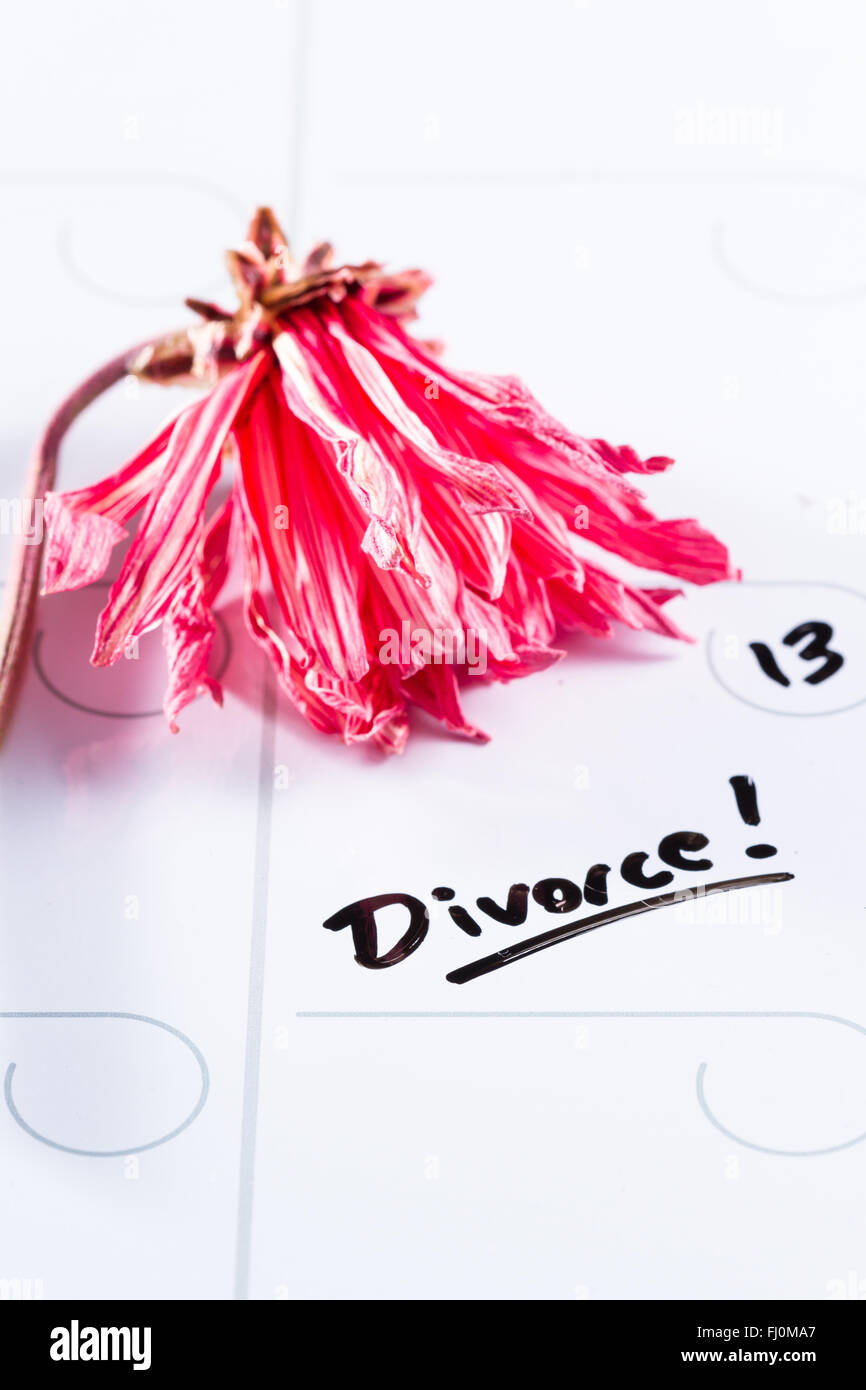 the word divorce hand written on a dry erase calendar with a dead ...
