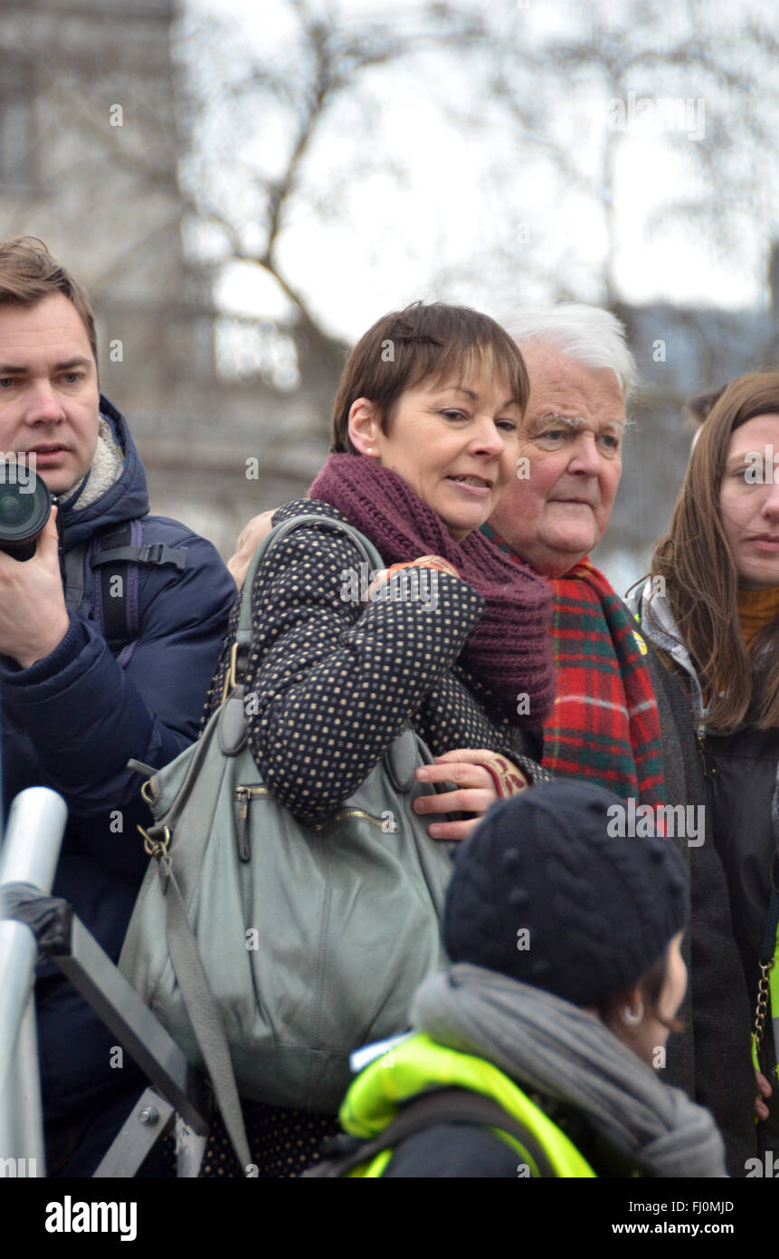 London, UK. 27th Feb, 2016. Caroline Lucas with Bruce Kent at Trafalgar ...