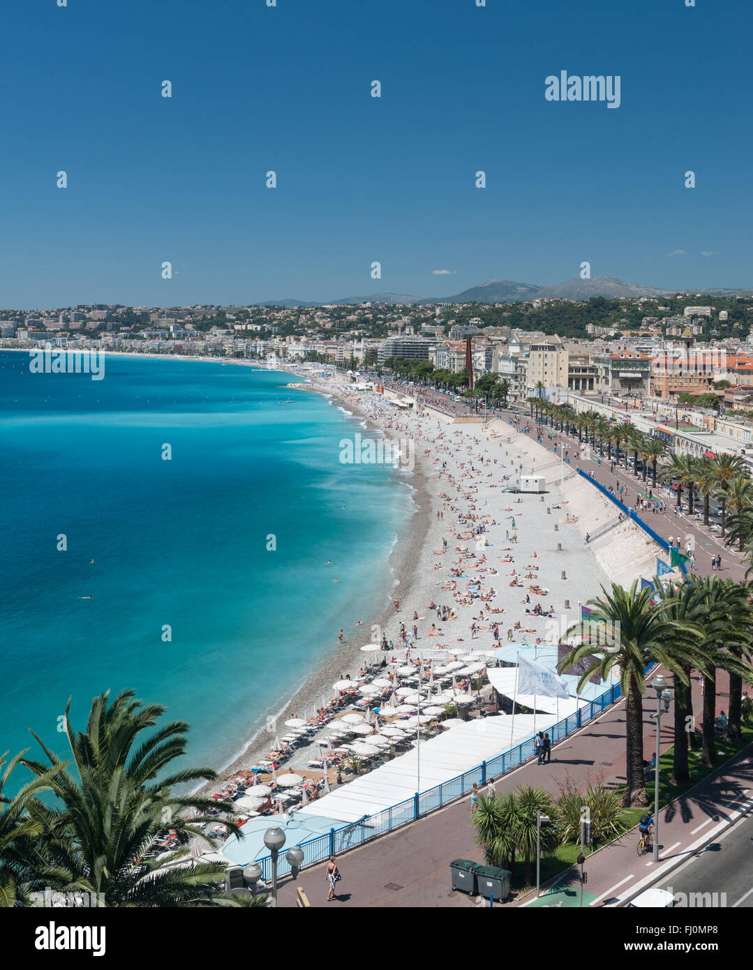High level panorama of the beach and the Promenade des Anglais around ...