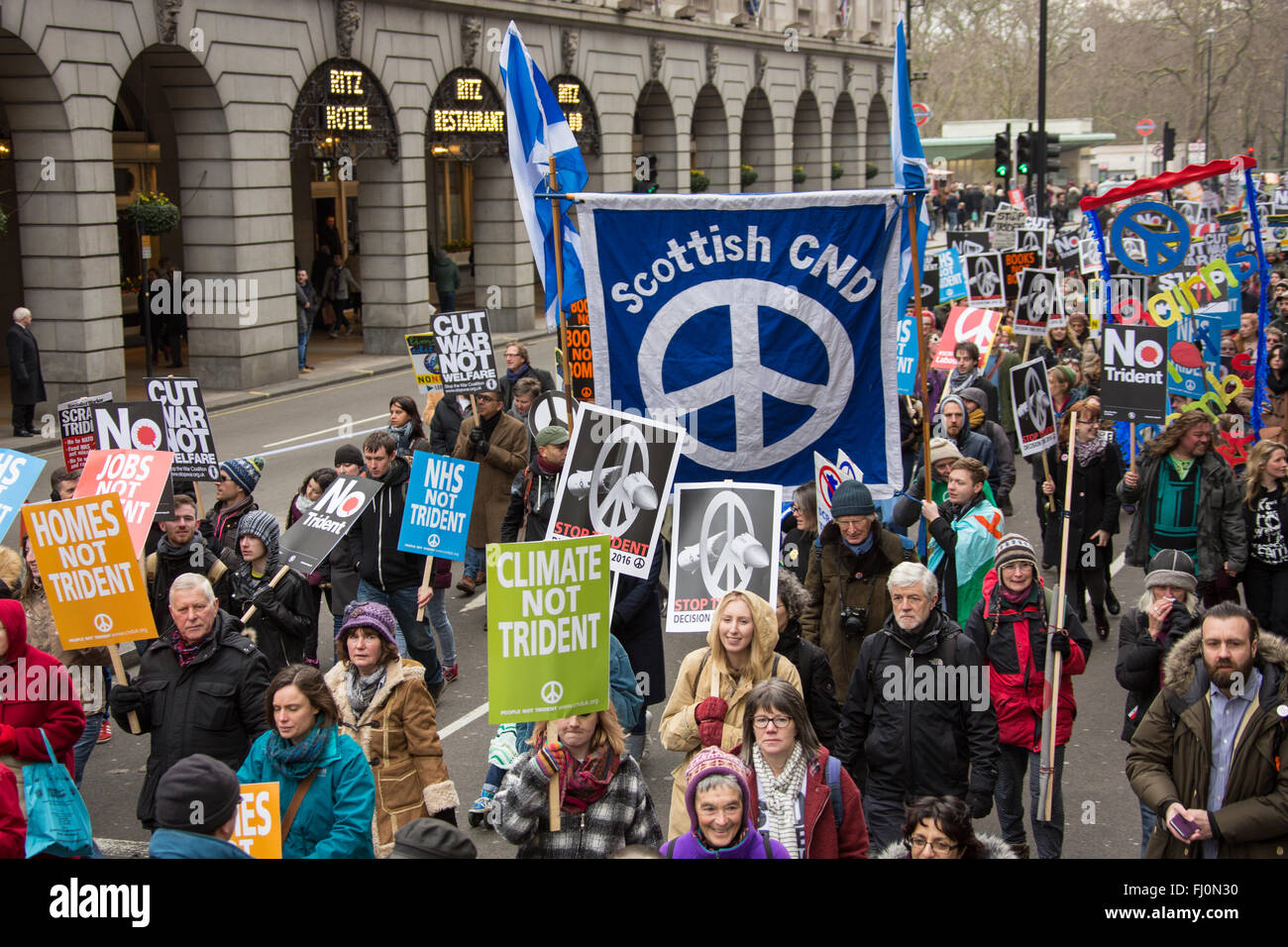 London, England. 27 Feb 2016 A Scottish CND banner passes the Ritz ...