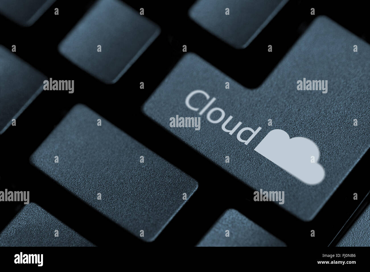 Horizontal close up of black keys on a keyboard with the word cloud and ...