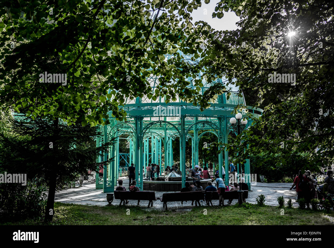 pavilion with hot mineral water spring in Park of Borjomi resort town ...
