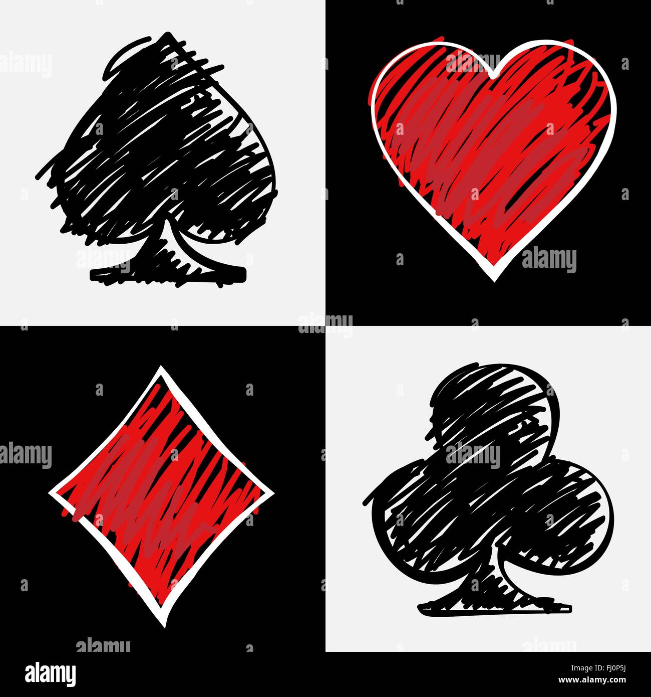 Four card suits isolated on black and white squares. Cards deck, hand ...