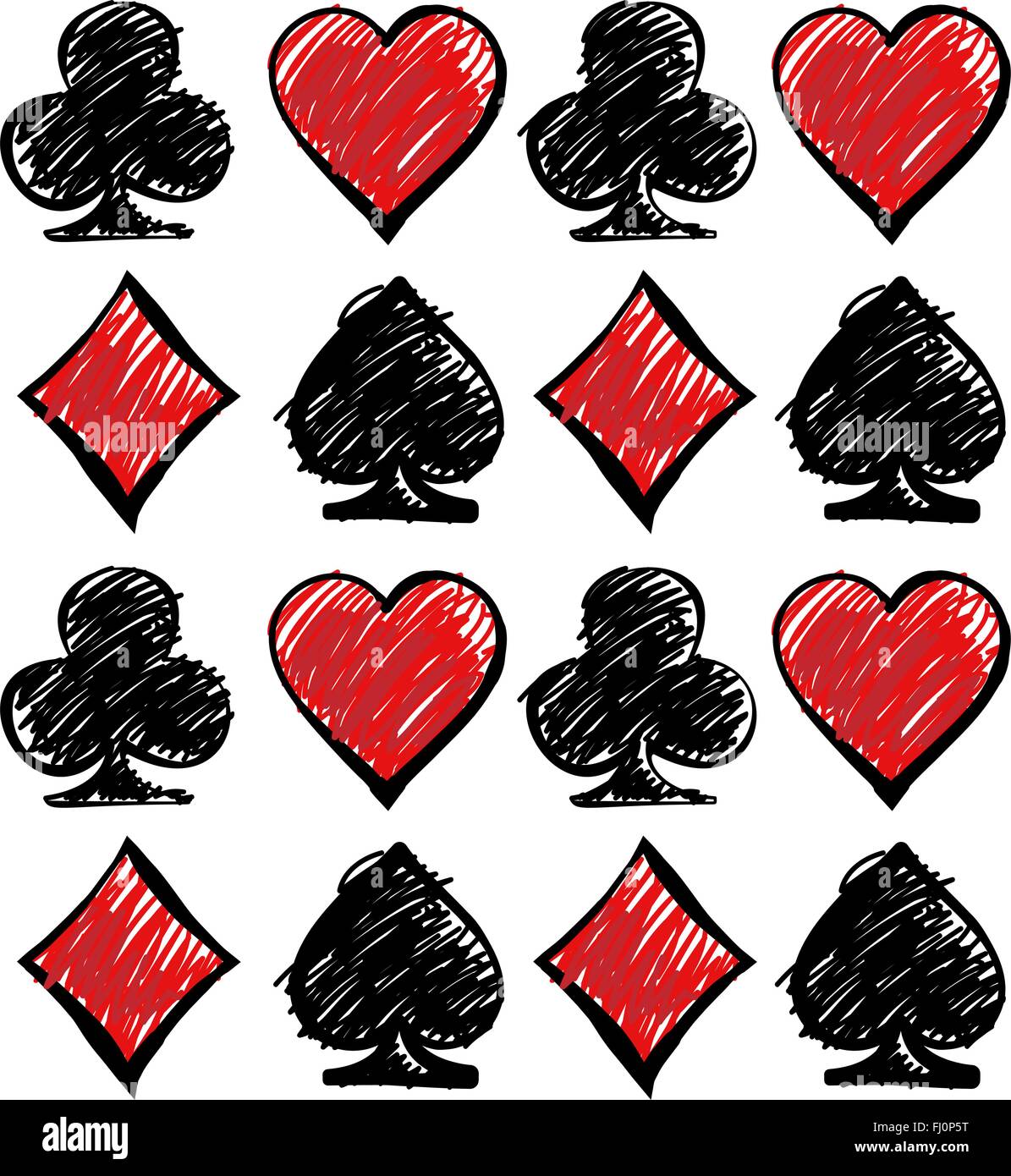 Hand drawn four card suits on the white backdrop. Cards deck. Digital ...