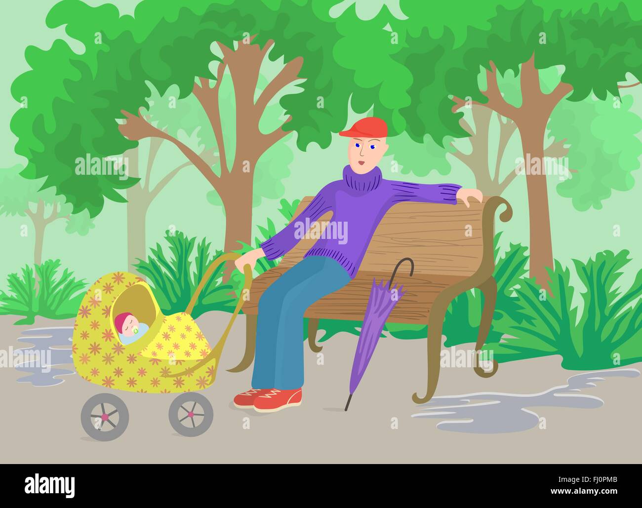 Man with child in pram sitting on a park bench after rain, cartoon ...
