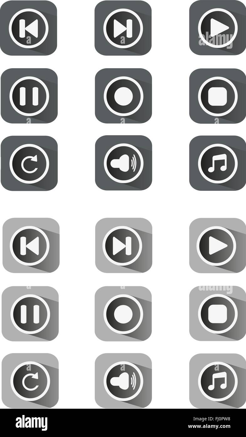 Flat icon set. Grey, black and white multimedia UI buttons set. Digital ...