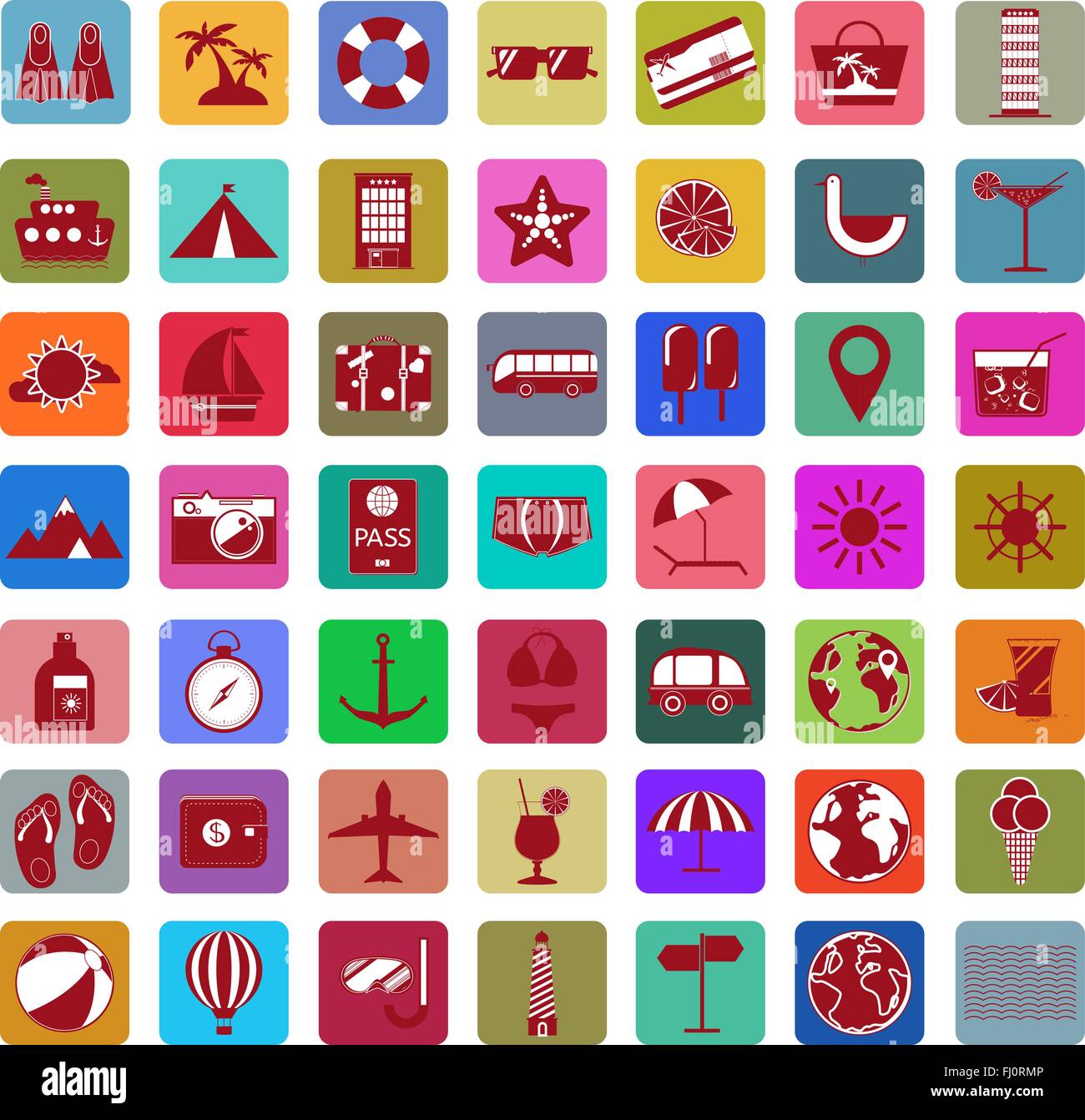 Colorful summer holiday icon set. Travel vector digital background ...