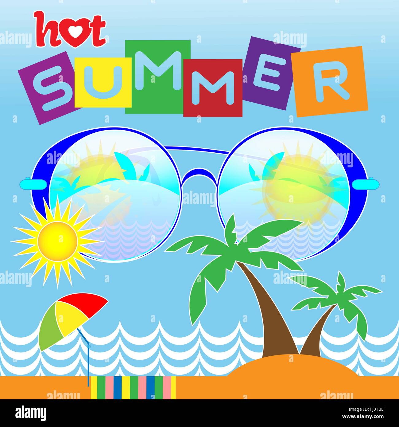 Sunny summer at the beach with palm trees and glasses. Hot Summer ...