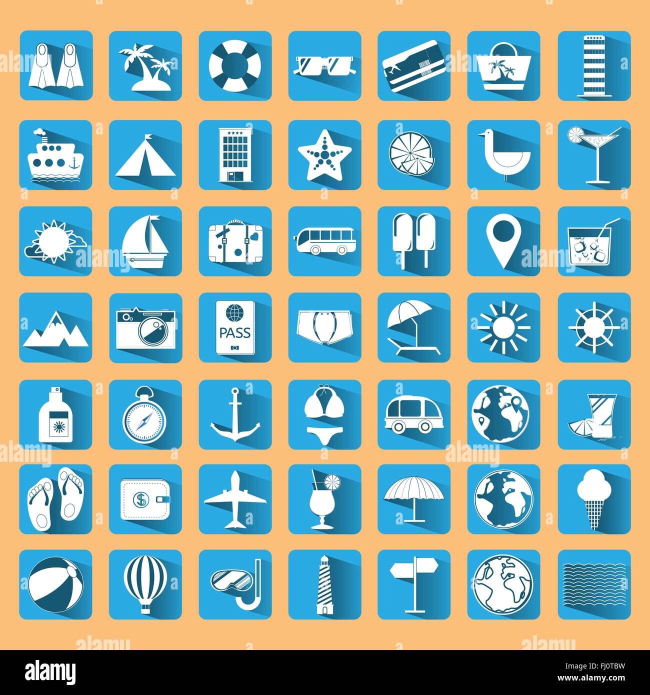 Blue vacation flat icon set. Travel digital vector background ...