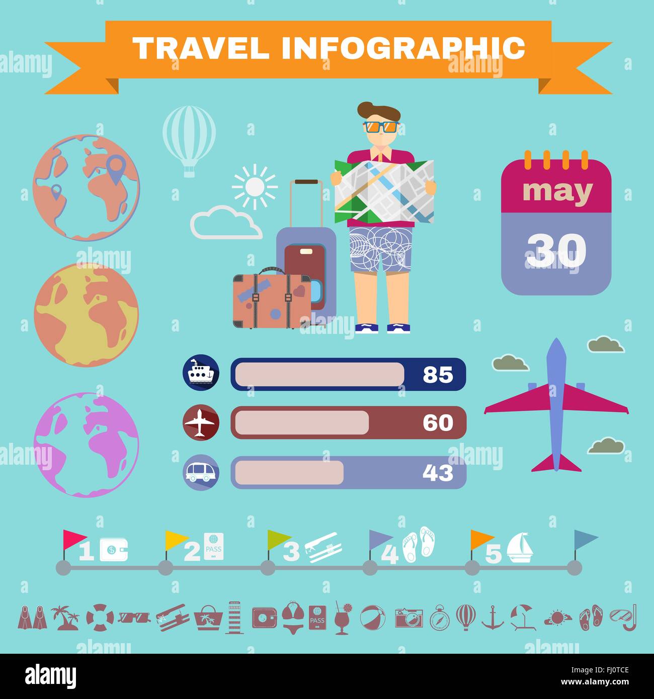 Colorful travel infographics. Summer holiday icon set digital vector ...