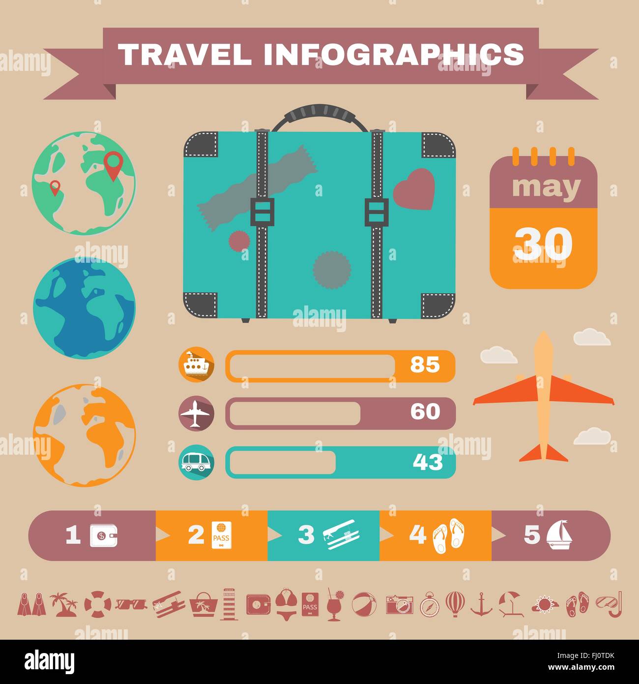 Colorful travel infographics. Summer holiday icon set digital vector ...