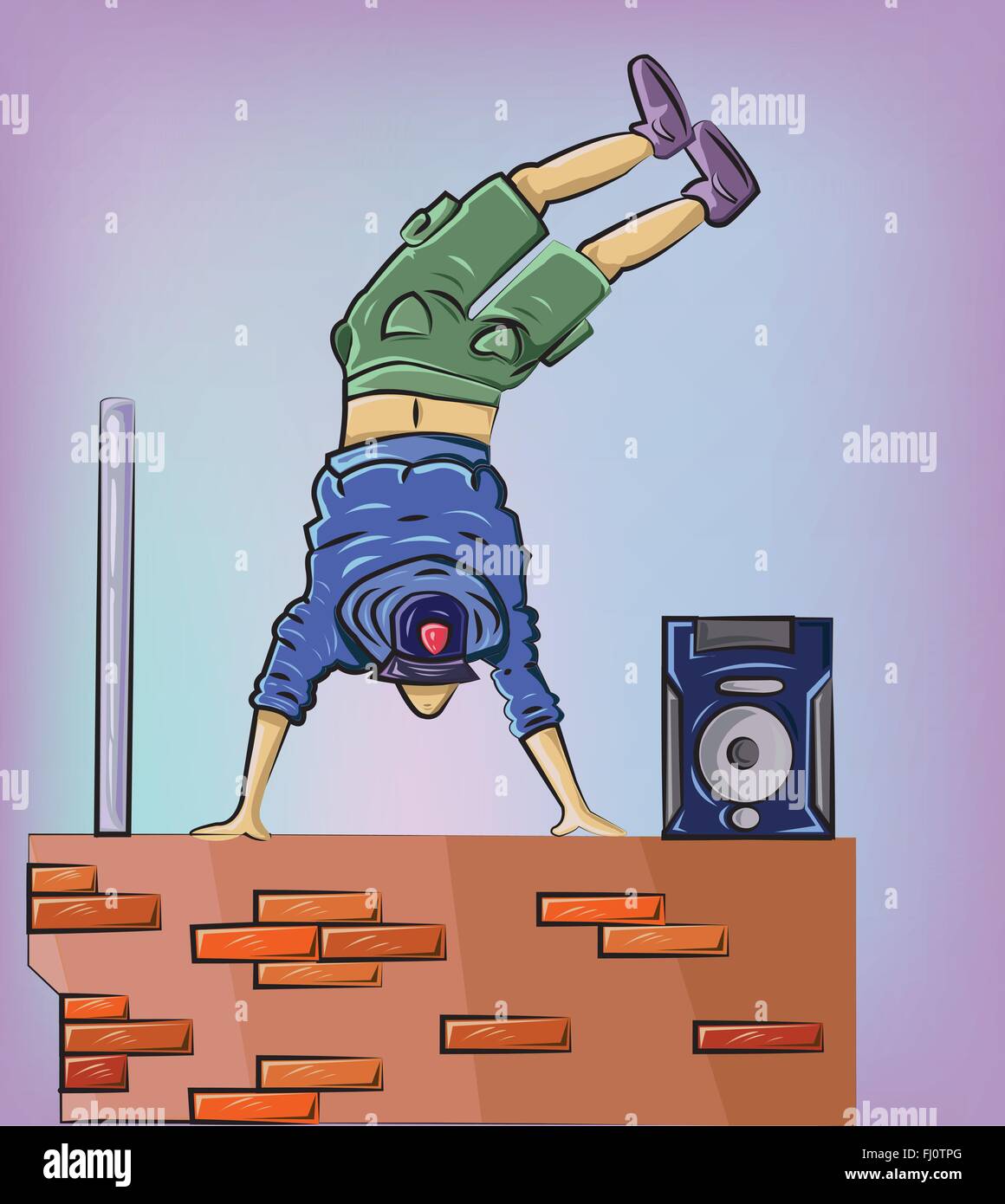 Breakdancer performs on the brick wall. Free time after school activity ...