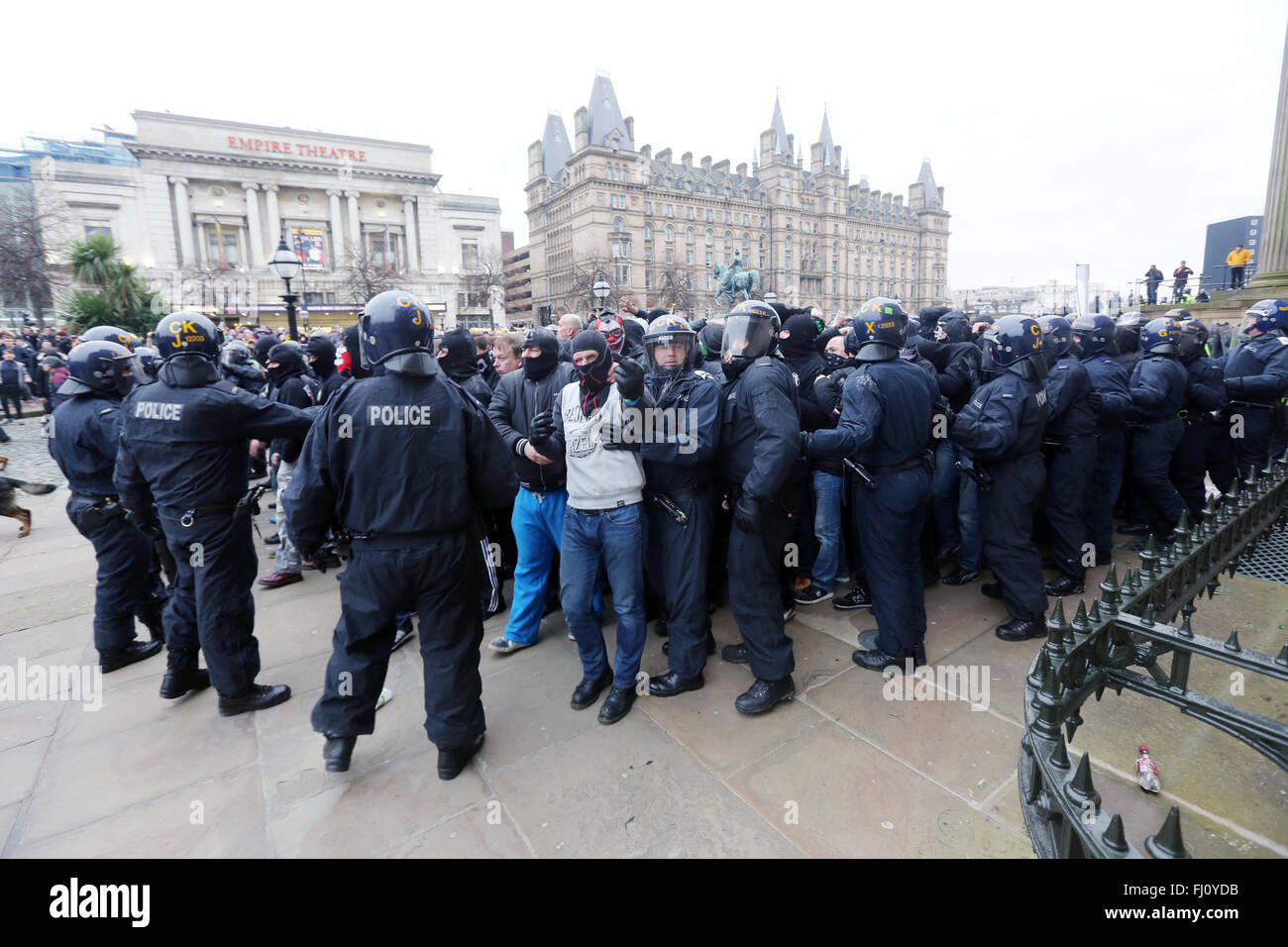 Liverpool, UK. 27th Feb, 2016. Riot Police surround nationalists to ...