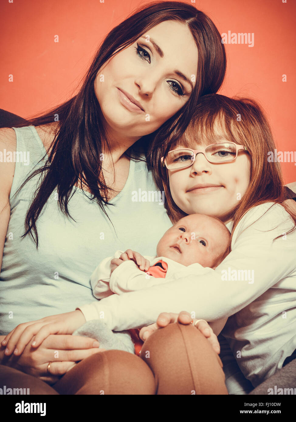 Motherhood and happiness concept. Portrait woman with her children ...