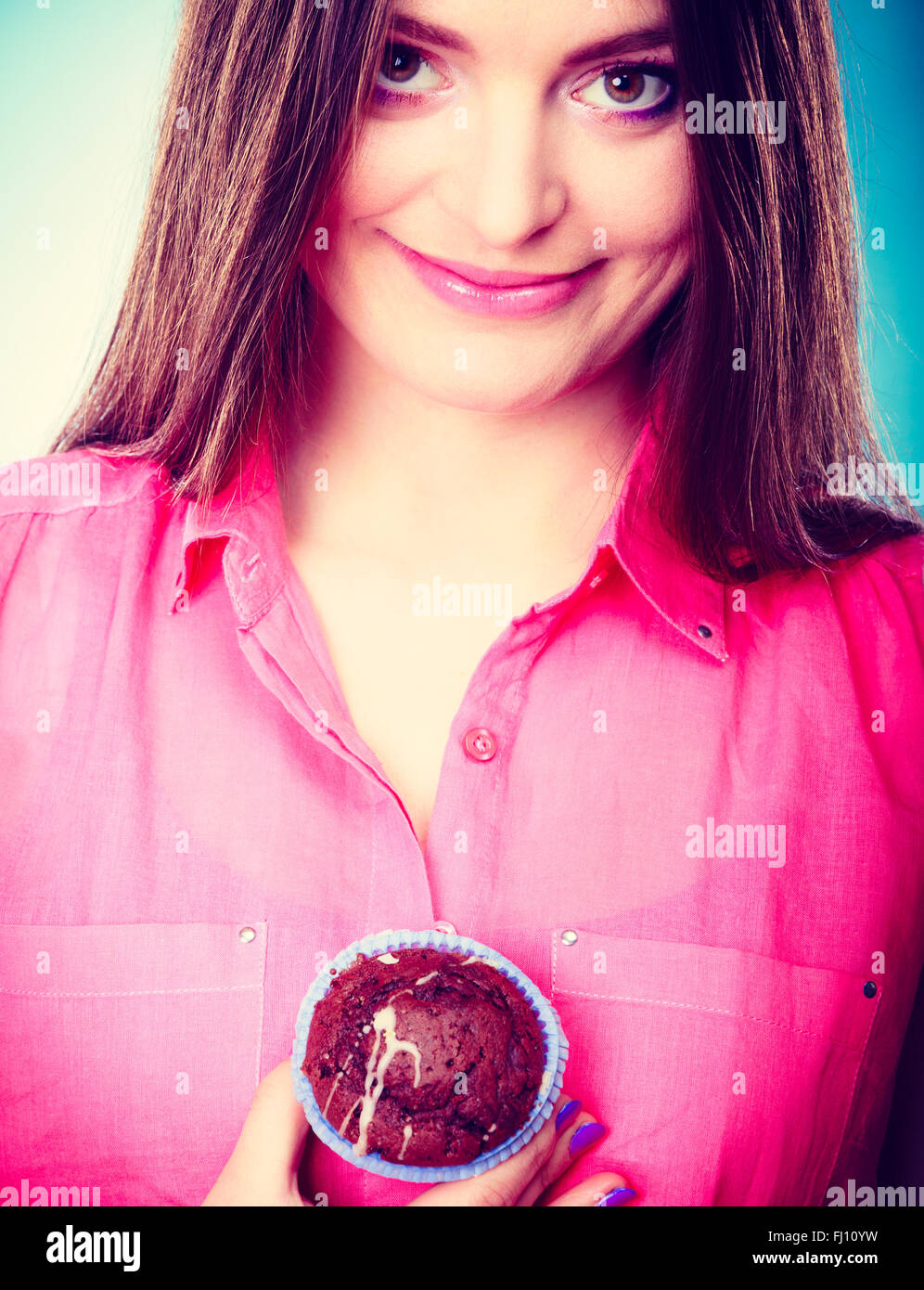 Sweet food sugar make us happy. Smiling woman holds cake chocolate ...