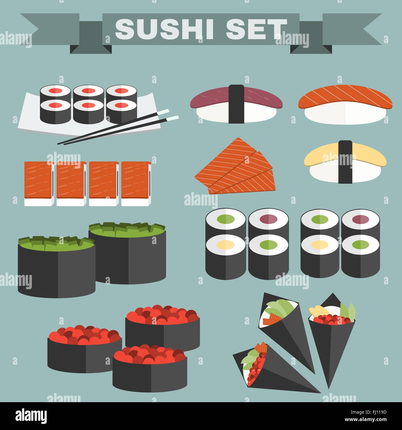 Big icon set of sushi. Different sushi types platter with chopsticks ... Big icon set of sushi. Different sushi types platter with chopsticks ...