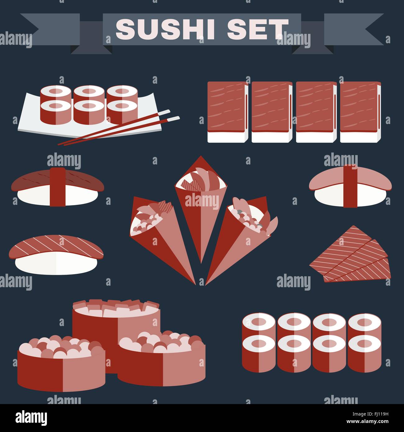 Big icon set of sushi. Different sushi types platter with chopsticks ... Big icon set of sushi. Different sushi types platter with chopsticks ...